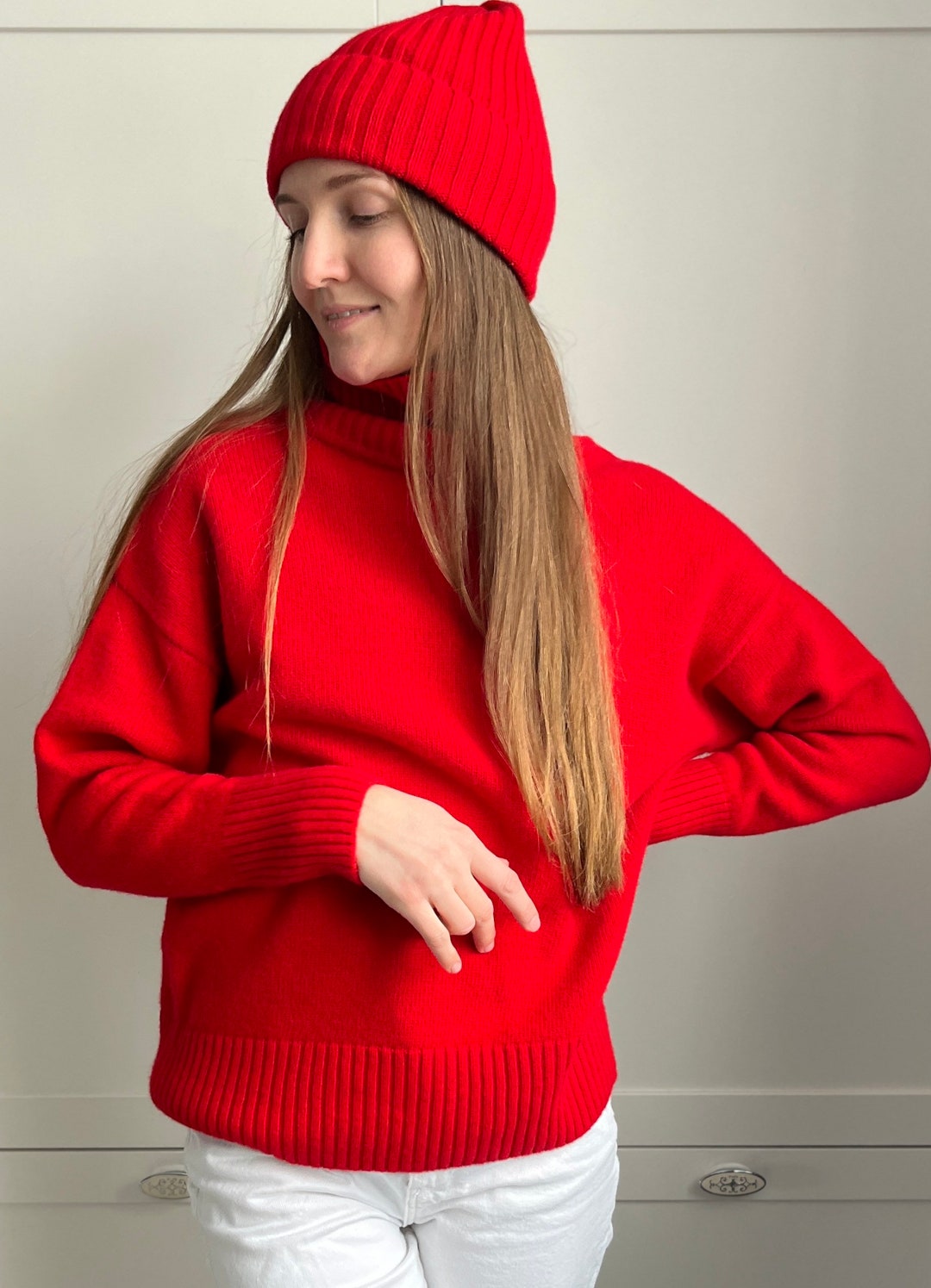 Hot rot Wolle Langarm Rollkragenpullover. Lässiger locker - Etsy.de