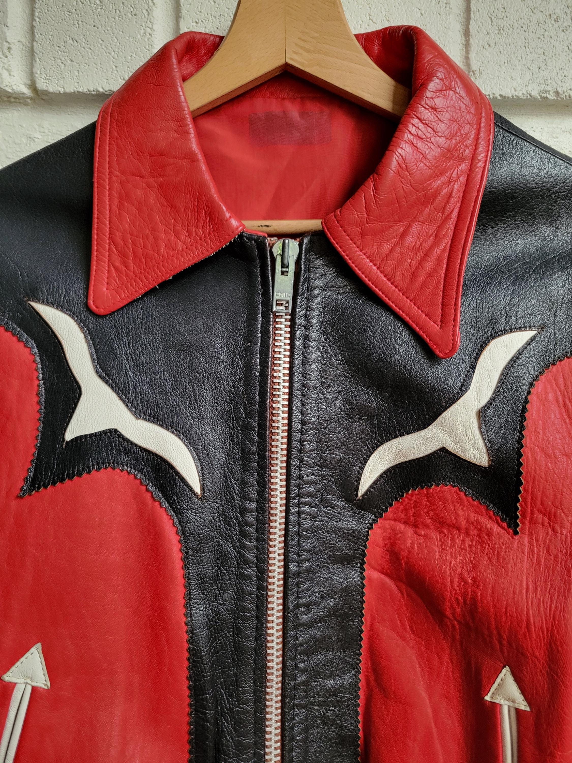 Vintage Leather Rockabilly Bomber Jacket, Small, Black, Red, White - Etsy