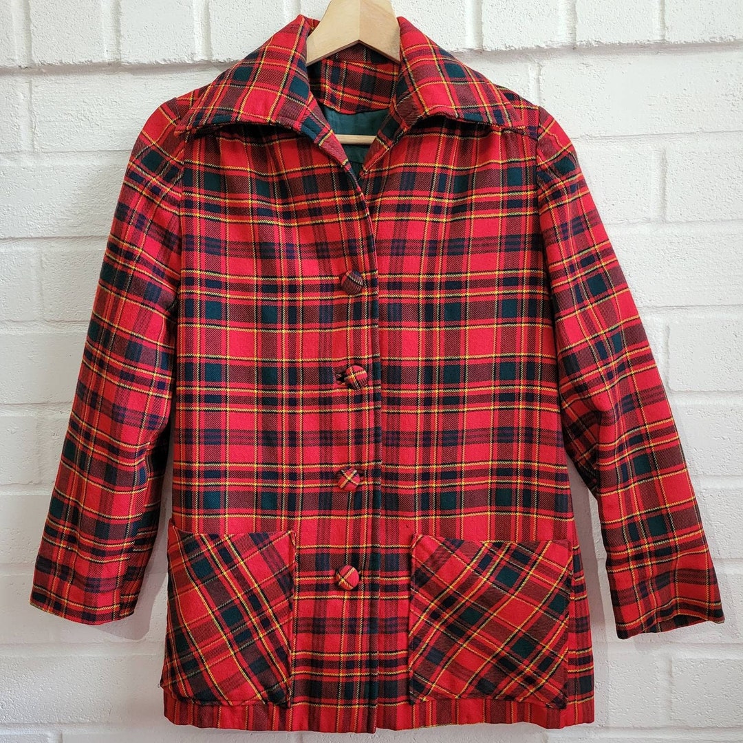 70s Vintage Red Plaid Chore Jacket, Red Tartan, Long Lapel, Wool - Etsy