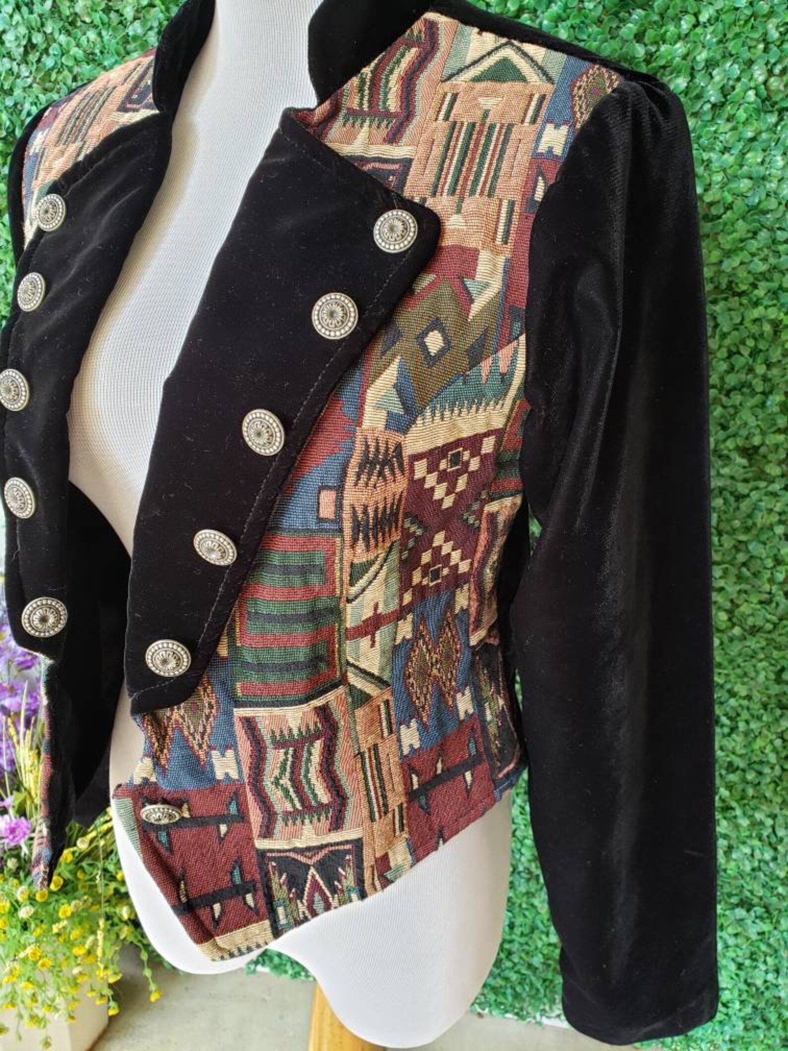 90s Vintage Tapestry Jacket, Geometric Art Needlepoint Jacket, Velvet ...