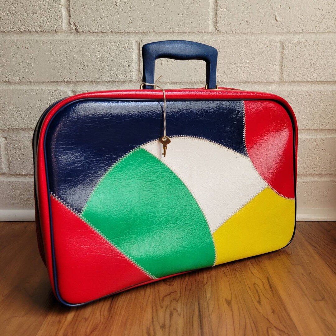 Vintage Carry-on Suitcase, Small Mid-century Color Block Patent Leather ...