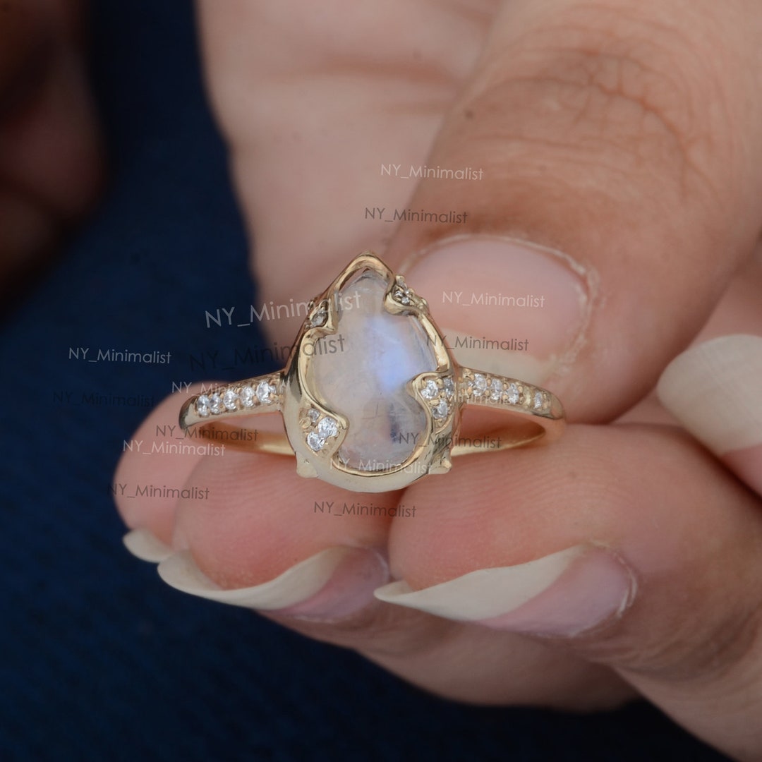 Moonstone Engagement Ring: Diamond Accent, 14K Yellow Gold Bridal ...