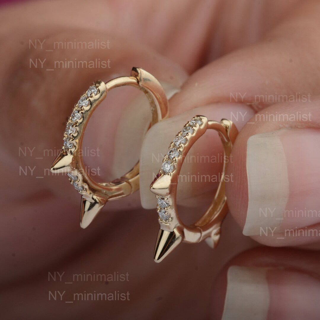 Diamond Trio Spike Huggie Hoop Earrings: 14K Yellow Gold Minimalist Earrings - Etsy