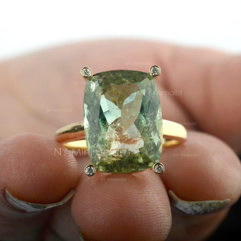 Natural Green Tourmaline Solitaire Ring: 18K Gold Diamond Accent - Etsy