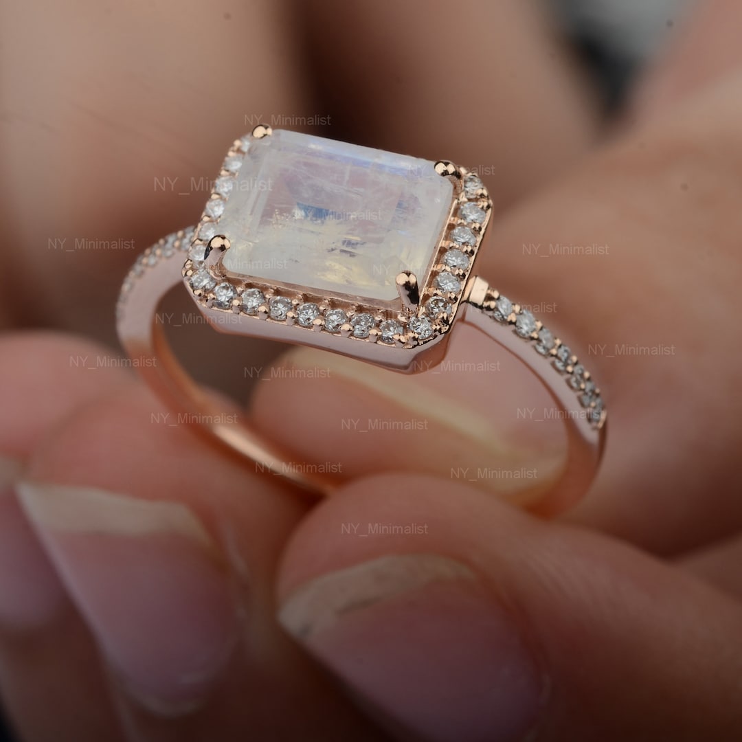 Moonstone Diamond Cluster Ring: 14K Yellow Gold Wedding Band - Etsy
