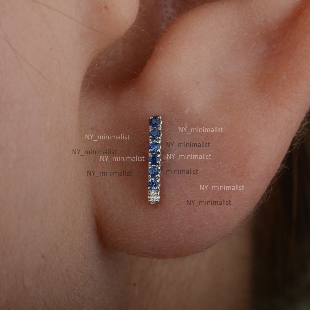 14K White Gold Tiny Bar Stud Earrings: Sapphire & Diamond - Etsy