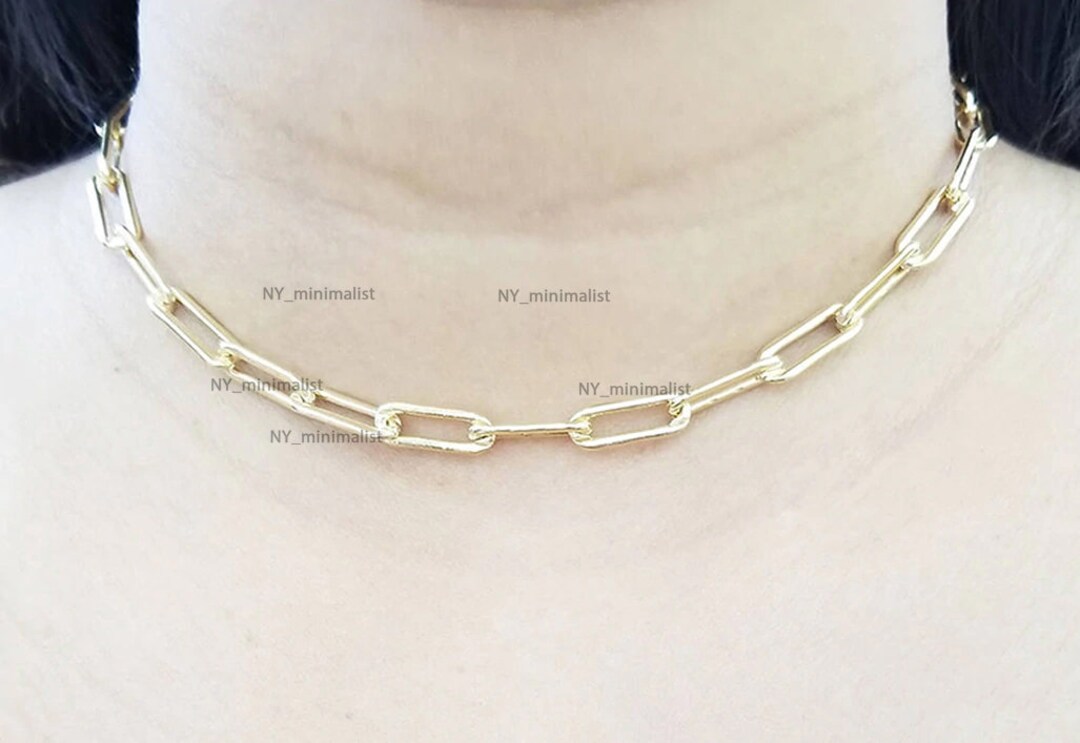 14K Solid Yellow Gold Paper Clip Chain Choker Necklace - Etsy