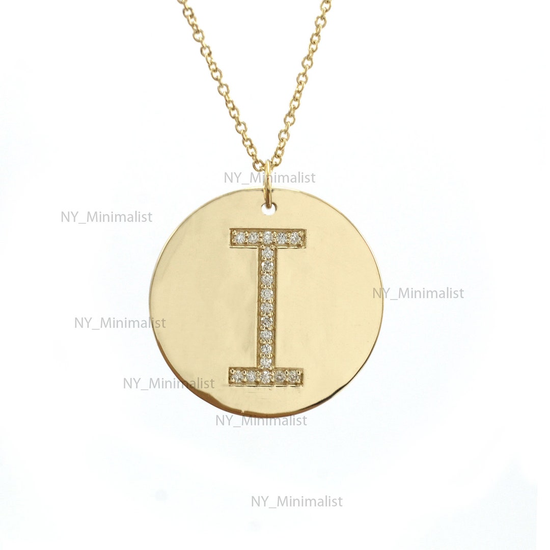 14K Solid Gold Diamond Initial Disc Necklace: Personalized Pendant - Etsy