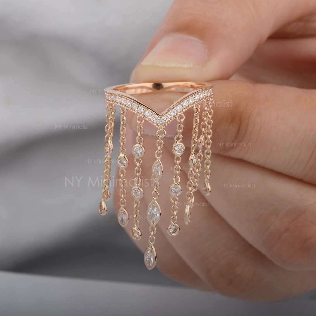 14K Rose Gold Diamond Drop Ring: Handmade Chevron Chain Flair Ring - Etsy