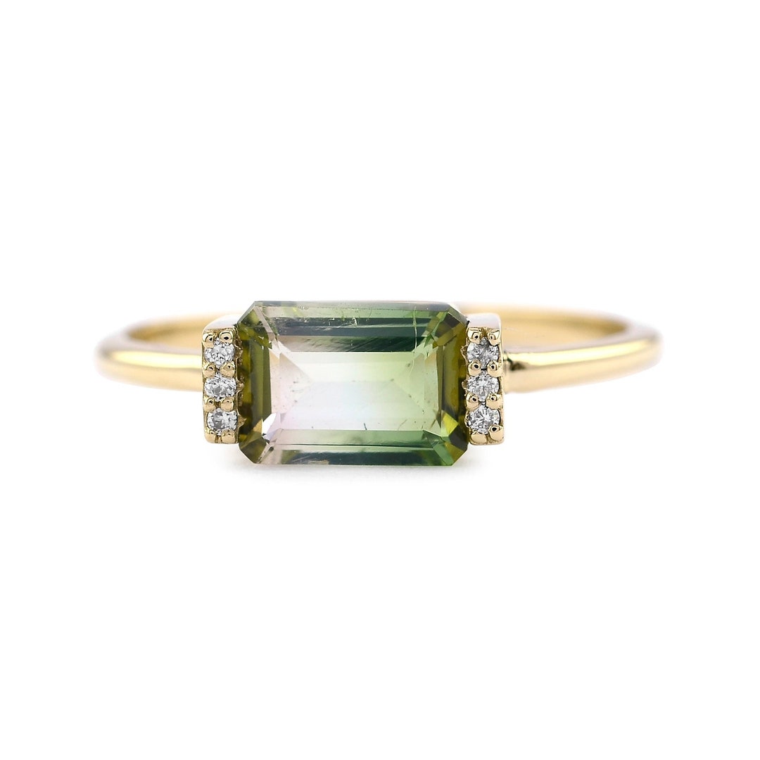 Emerald Cut Tourmaline Ring: 18K Gold Minimalist Diamond Accent - Etsy
