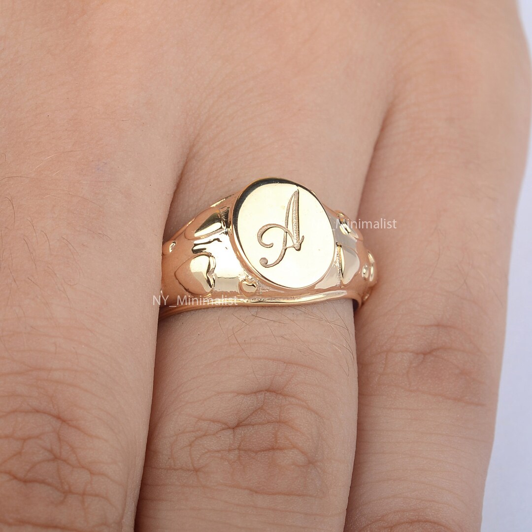 14K Solid Gold Initial Signet Ring: Personalized Letter Ring - Etsy