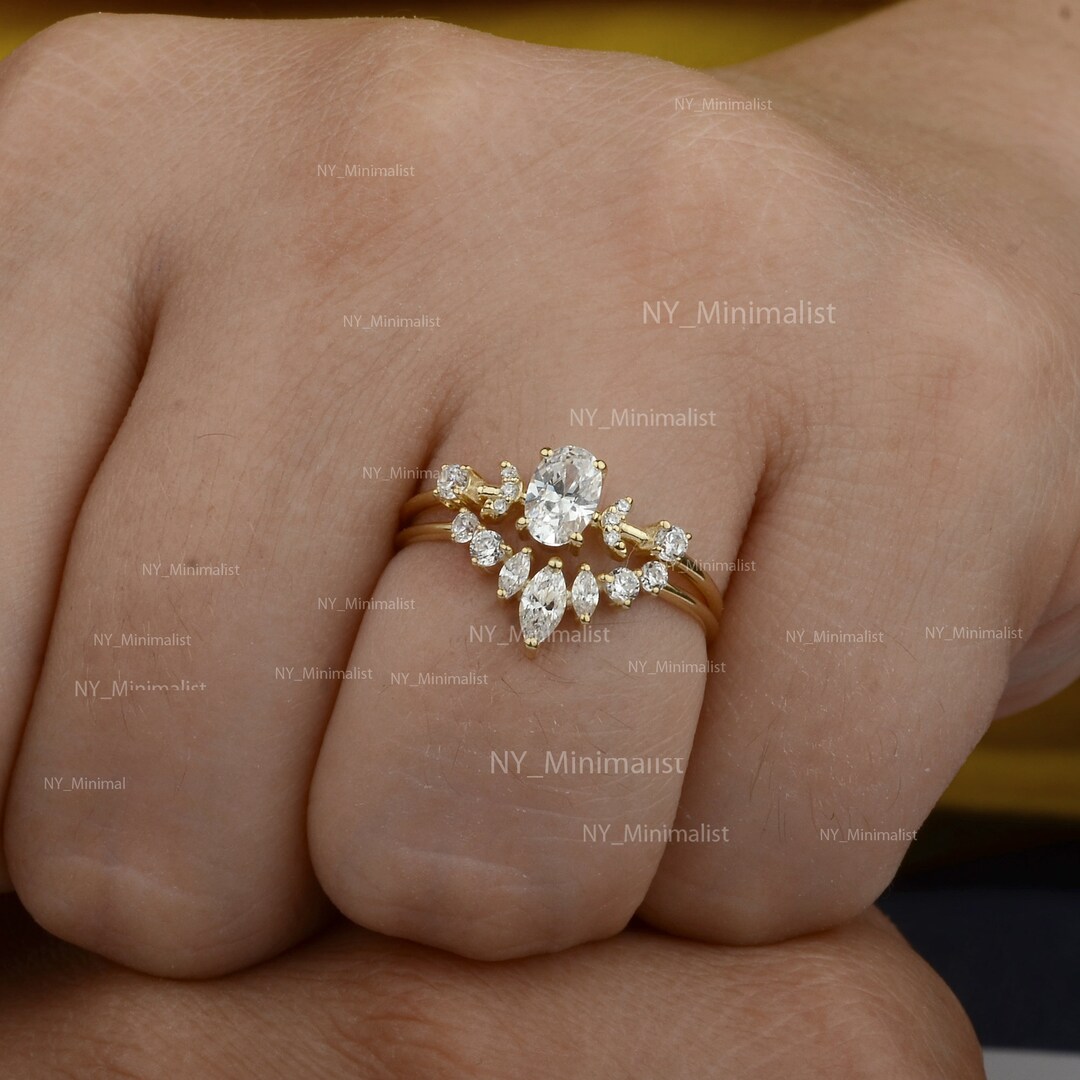 Diamond Wedding Two Ring Set Natural 2.10 Ct. Cluster Solid 18K Yellow ...
