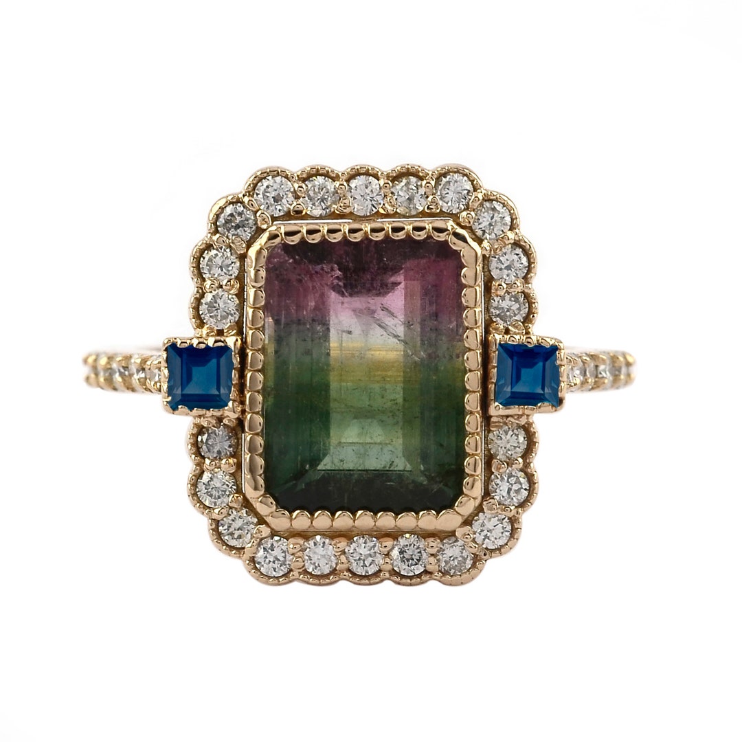 Watermelon Tourmaline Diamond Halo Ring: 18K Gold Sapphire Engagement ...