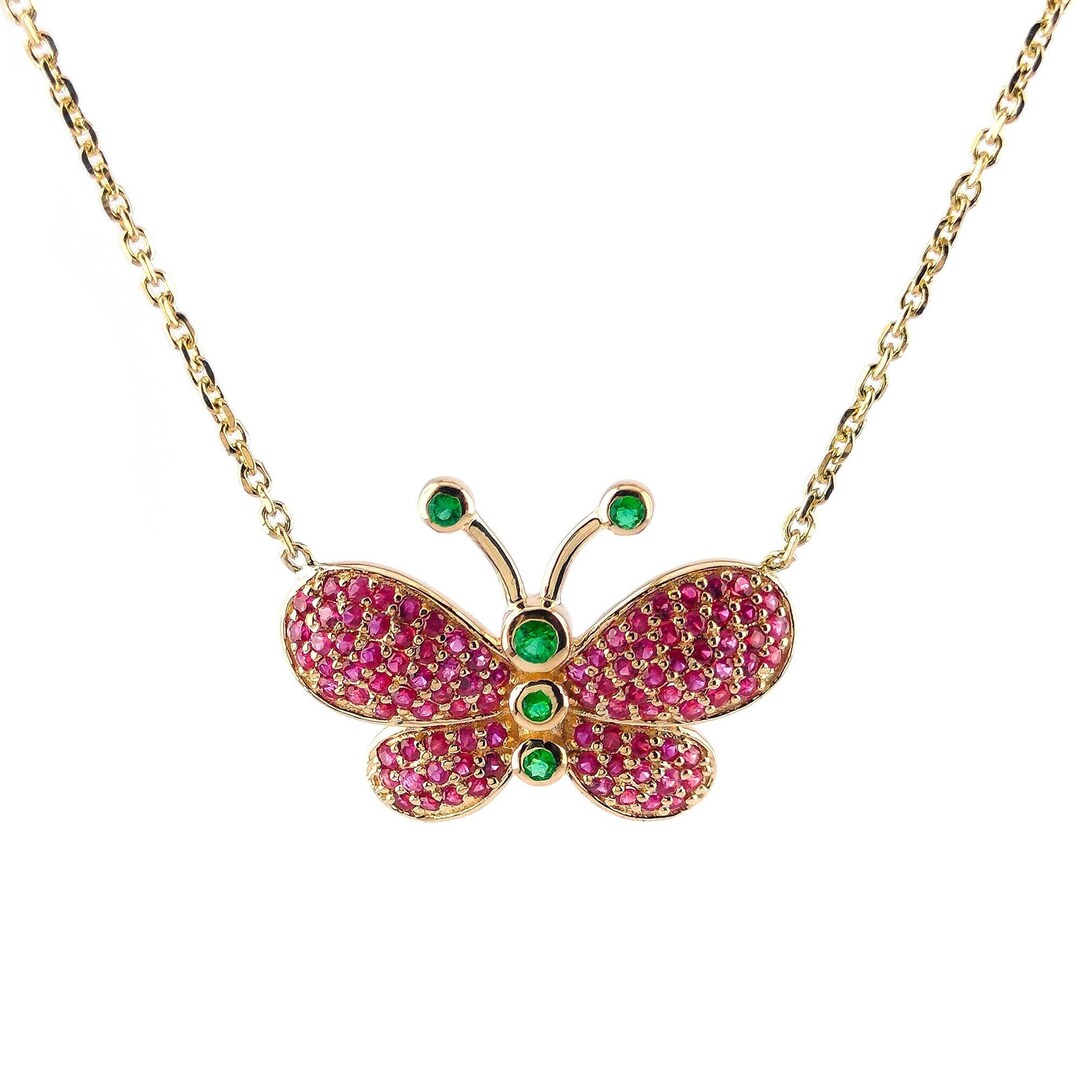 14K Gold Ruby Emerald Butterfly Necklace - Minimalist Jewelry - Etsy