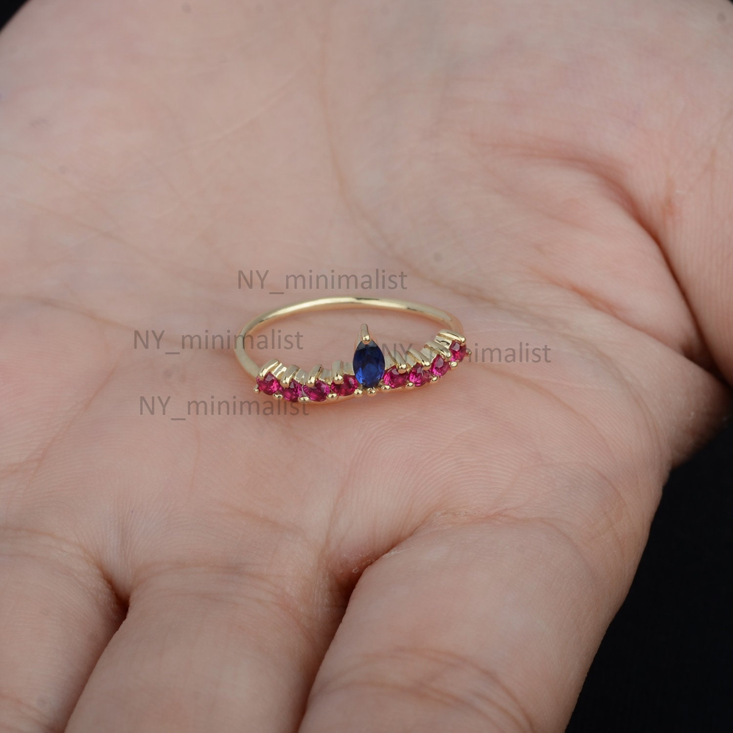 Genuine Ruby & Blue Sapphire Gemstone Princess Crown Ring | Etsy