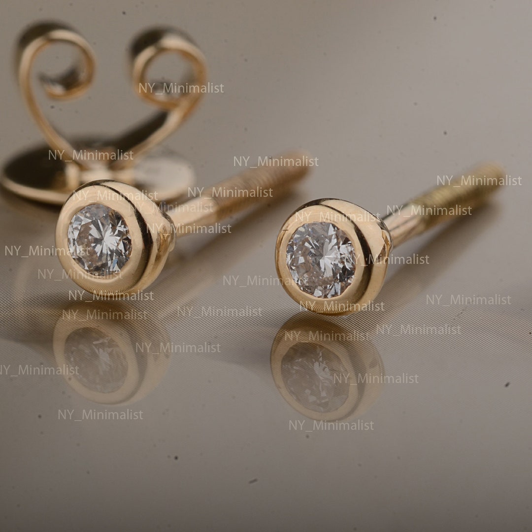 14k Yellow Gold Diamond Stud Earrings: Handmade Bezel Set Screw Back - Etsy