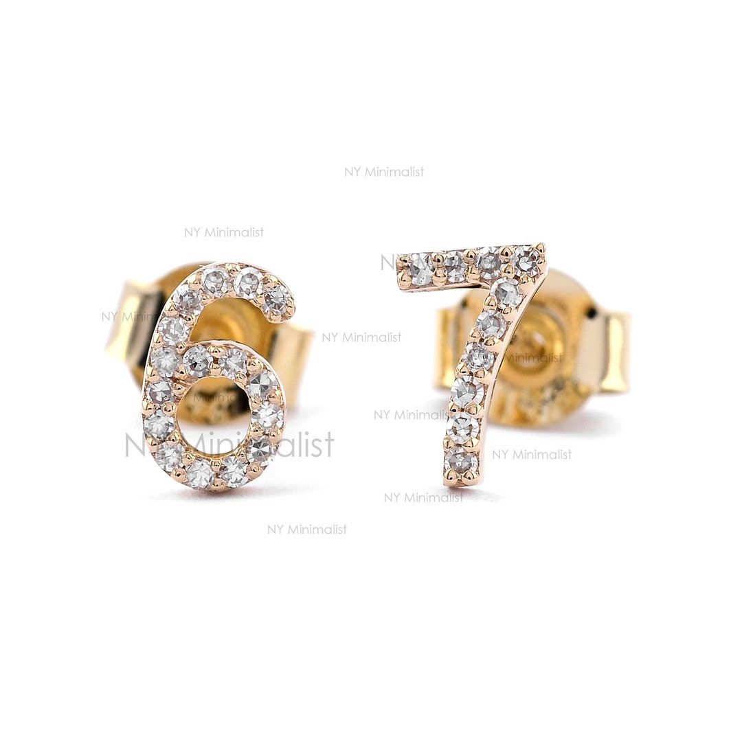 14K Gold Diamond Number Stud Earrings: Birthday Gift - Etsy