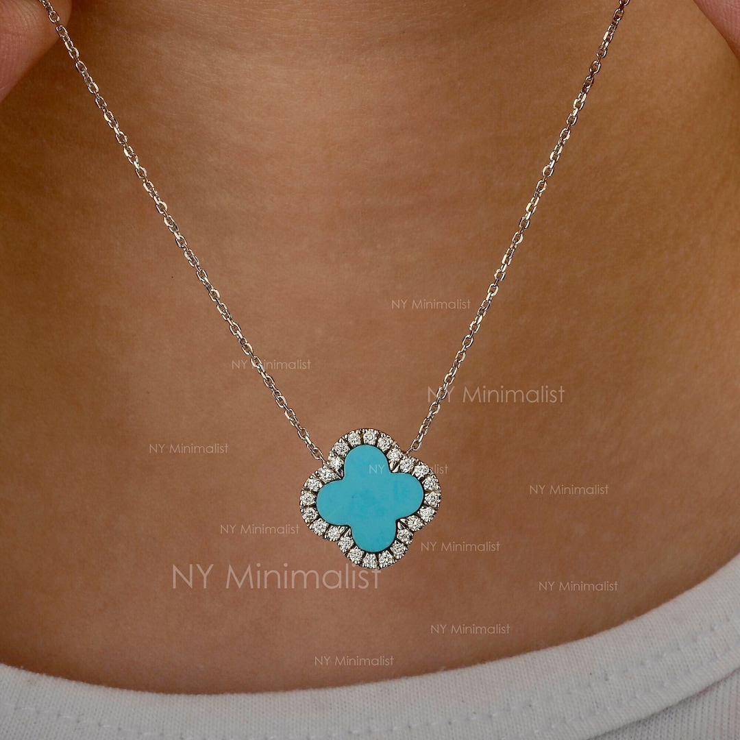 14K White Gold Four Leaf Clover Necklace: Turquoise & Diamond - Etsy