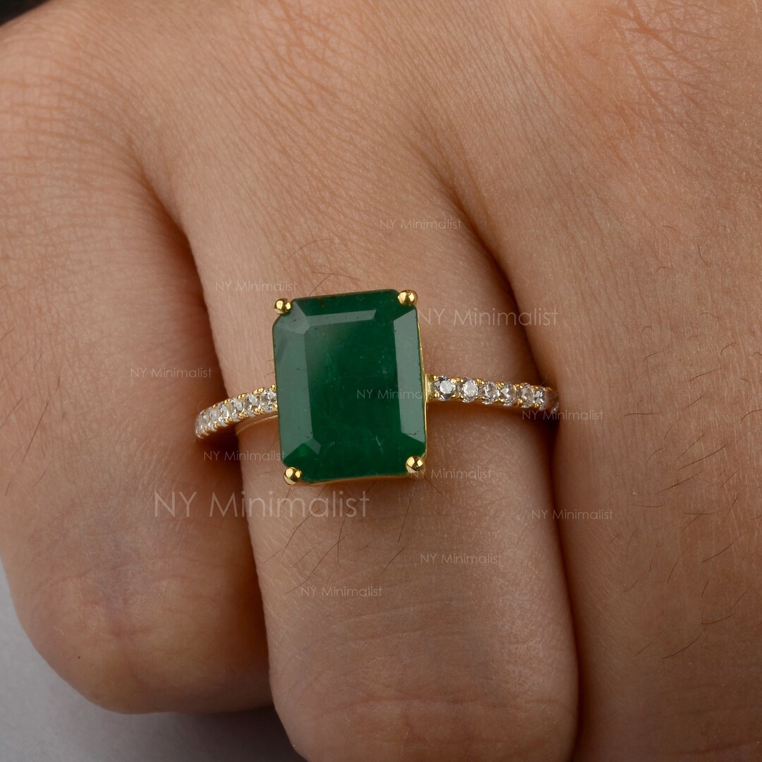 Emerald Cut Emerald Ring Solid 14K Yellow Gold Genuine 3.81 Ct. Emerald ...