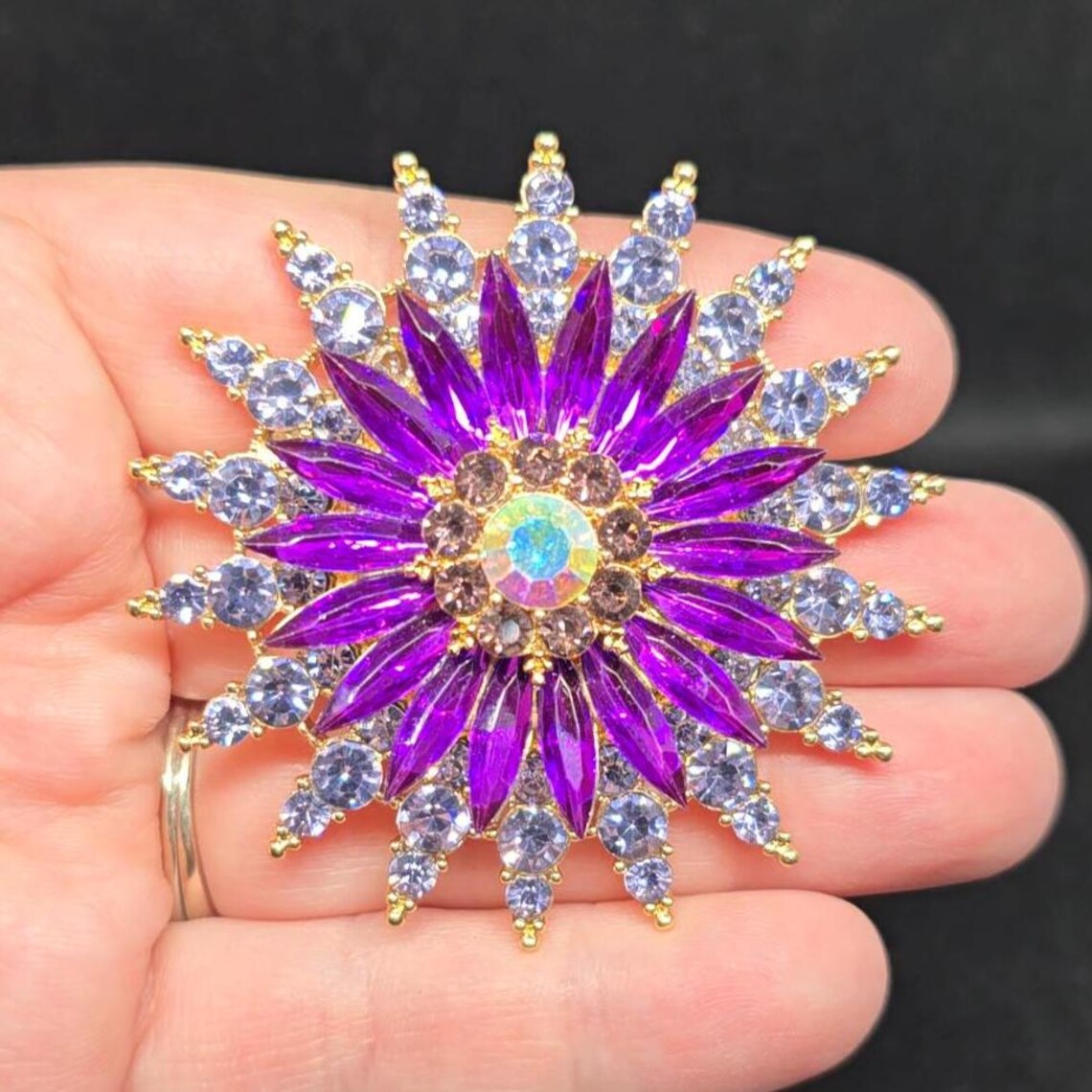 Purple Atomic Star Flower Rhinestone Brooch Pin Gold Tone Metal MCM - Etsy