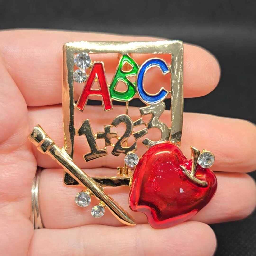 ABC School Teacher Brooch Apple Enamel Rhinestone Gold - Etsy