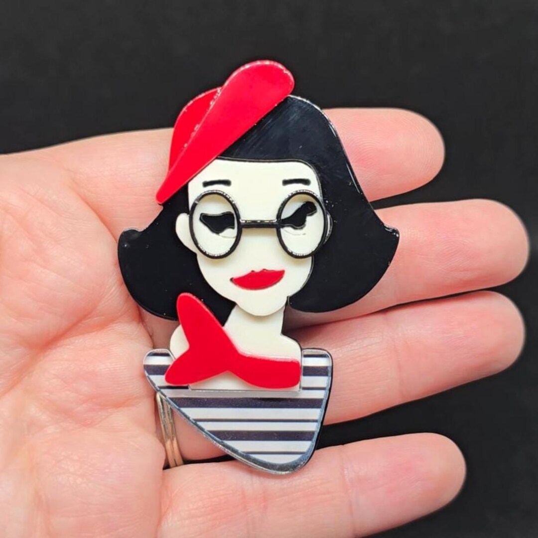 French Beret Lady Layered Acrylic Brooch Pin Artist Glasses Stripes - Etsy
