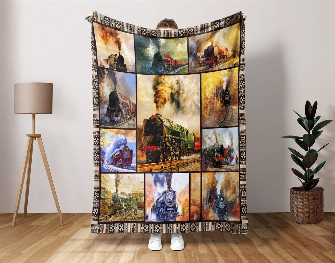 Steam Locomotive Blanket, Vintage Train Fleece Blanket, Retro Train ...