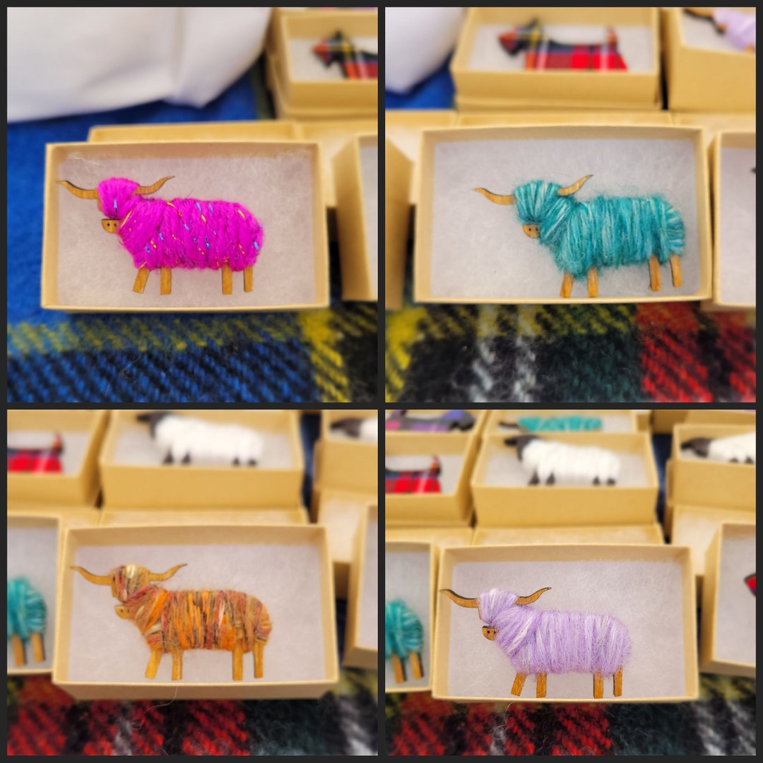 Sweet Highland Cow Brooches / Pins, Birch Wrapped in Various Colours of ...