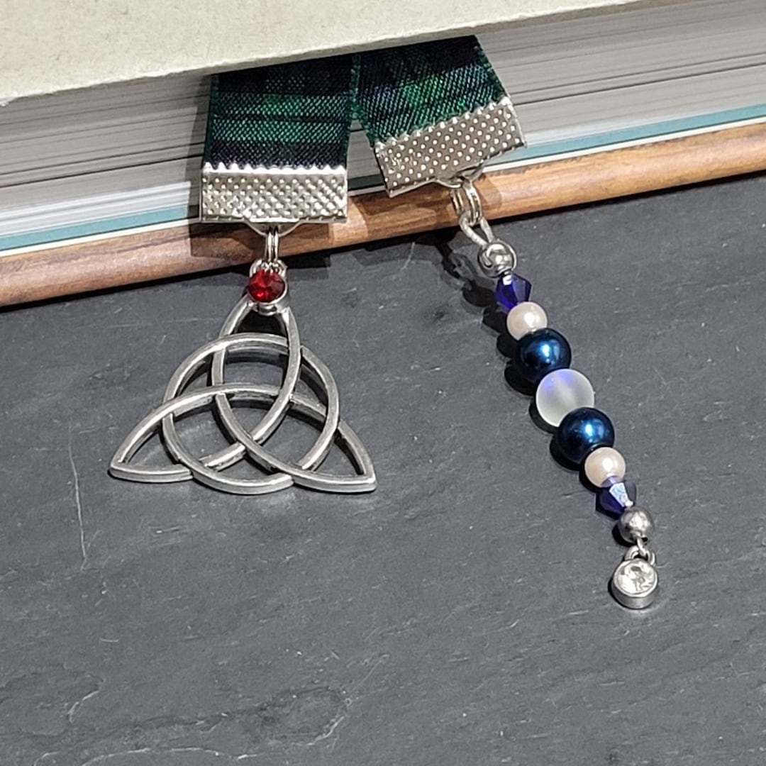 Scottish tartan ribbon bookmark, with Celtic knot, beads, crystals ...