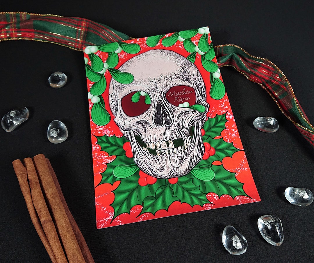 Skull & Mistletoe Art Print Mistletoe Kisses A5 Festive Christmas ...