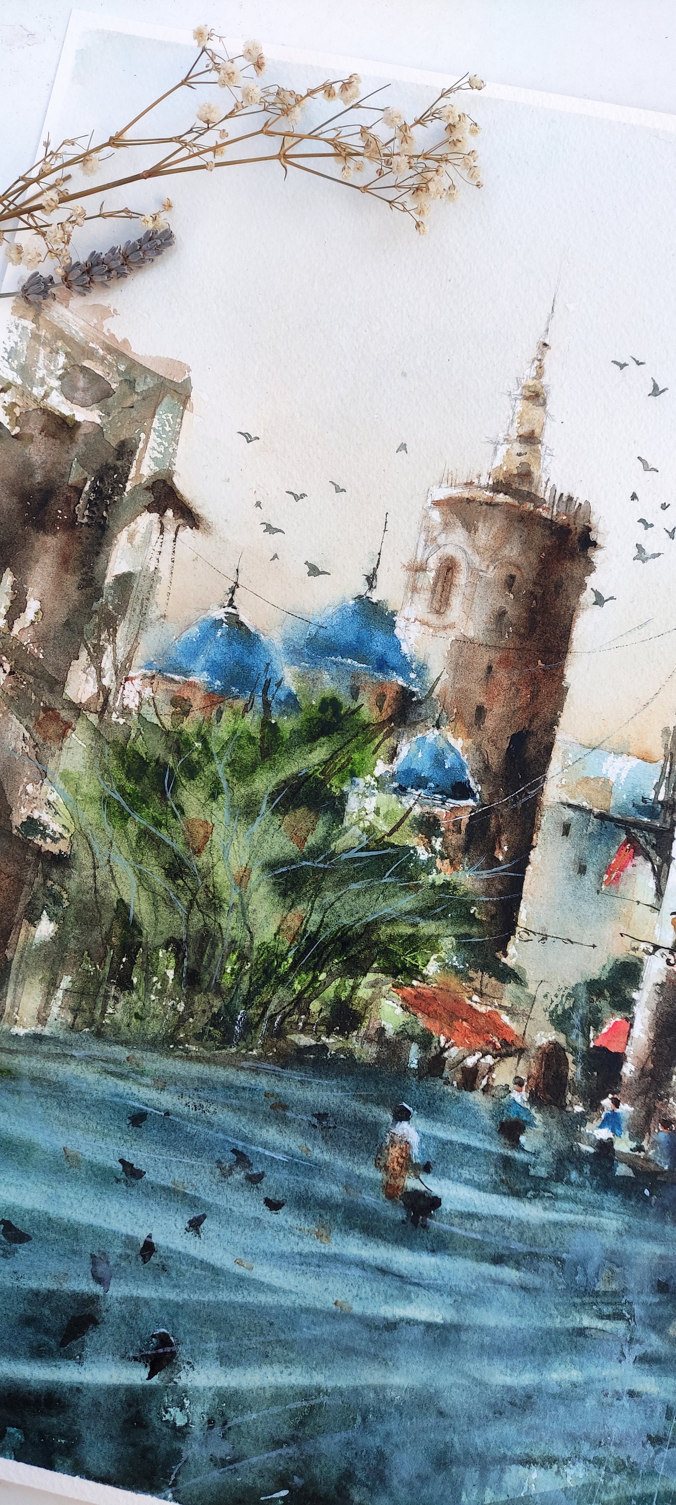 Art & Collectibles Original Watercolor Painting Spanish plaza Plaza de ...