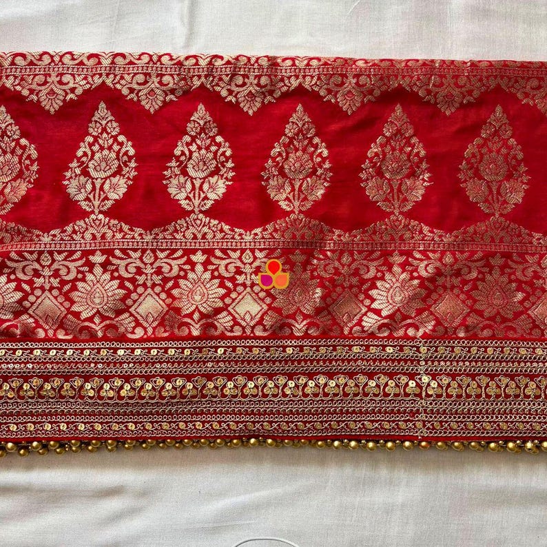 Red Silk Banarsi Embroidered Bridal Dupatta With Velvet Sequin Border ...