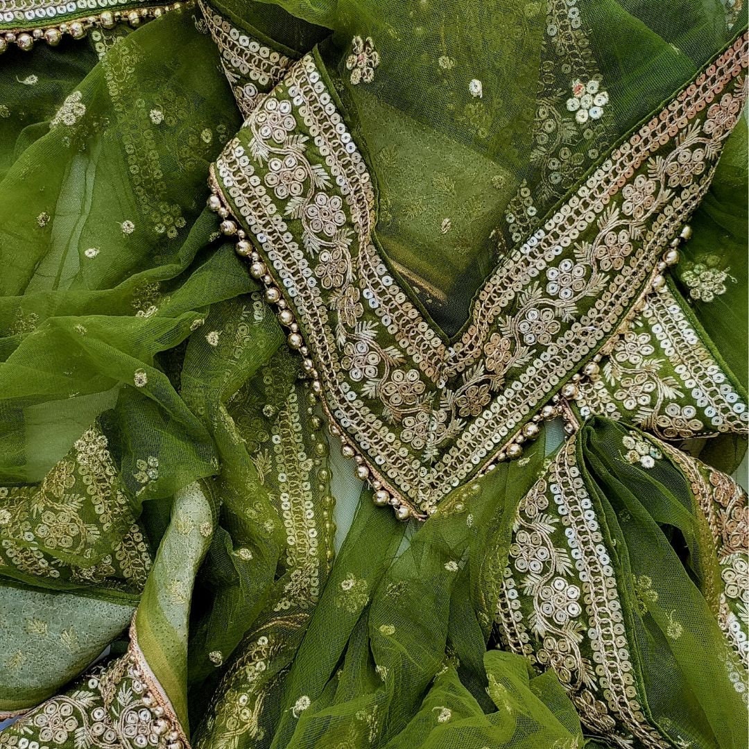 Bridal Mehendi Green With Sequin Embroidered Net Dupatta - Etsy