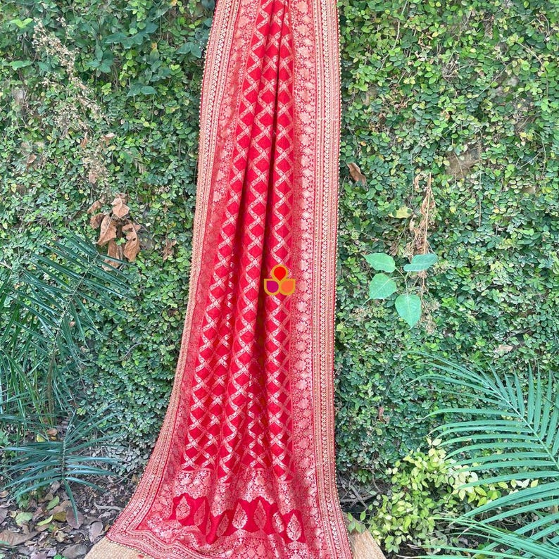 Red Silk Banarsi Embroidered Bridal Dupatta With Velvet Sequin Border ...