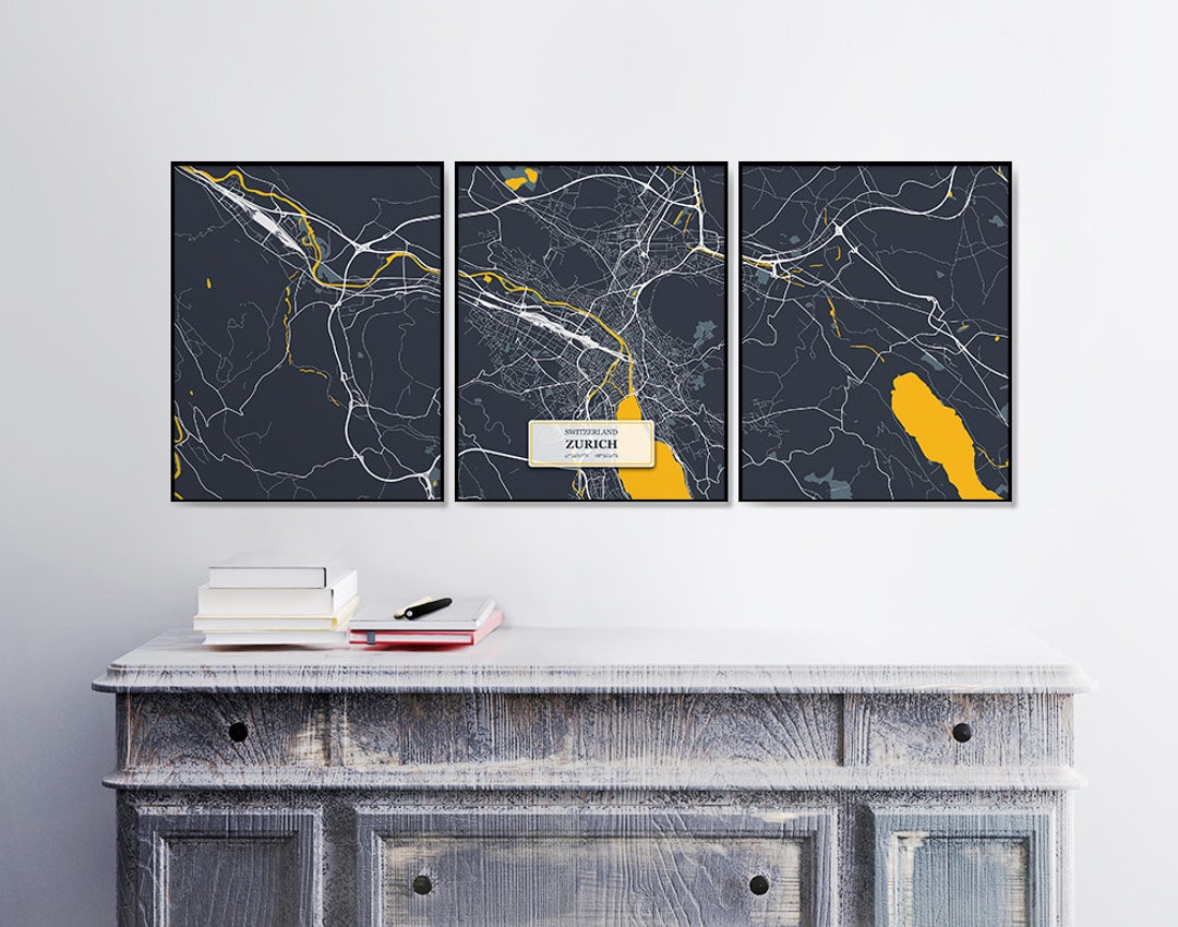 Zurich Map Prints |3 Street Maps | Set | Triptych | Zurich Wall Art ...