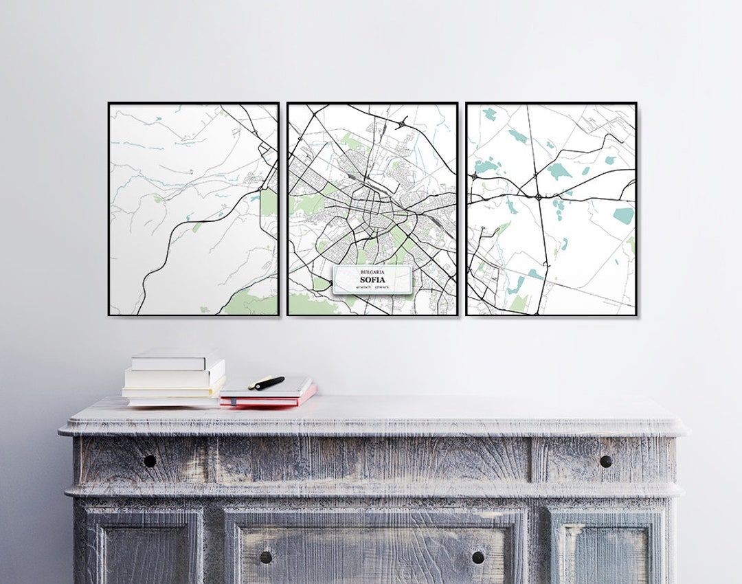Tríptico De Mapa De Calles De Sofía, Set Of Prints, Home Décor, Blue ...