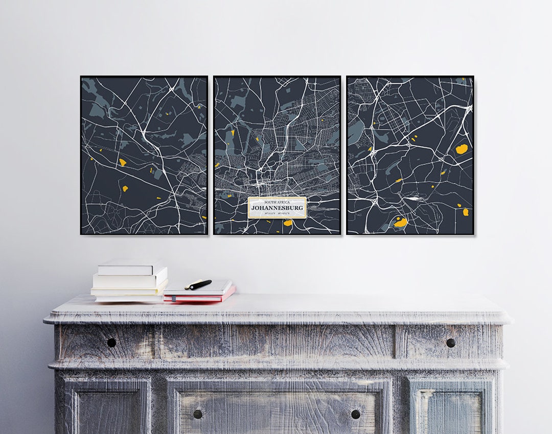 Johannesburg Map Prints | 3 Street Maps | Set | Triptych | Johannesburg ...