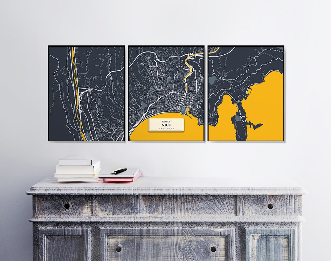 3 Street Maps | Set | Nice Map Prints | Triptych | Nice Wall Art ...
