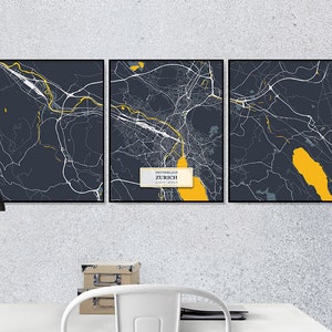 Zurich Map Prints |3 Street Maps | Set | Triptych | Zurich Wall Art ...