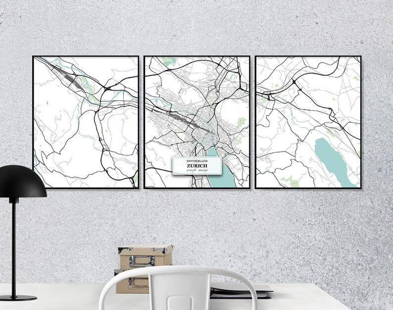 Zurich Street Map Тriptych, Set of Prints, Home Decor, Blue Map Print ...