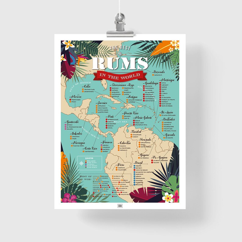 Rum poster : Rum Map of the 100 Best Rums in the World FR - Etsy México