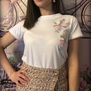 White T-shirt/top With Flower Motif - Etsy