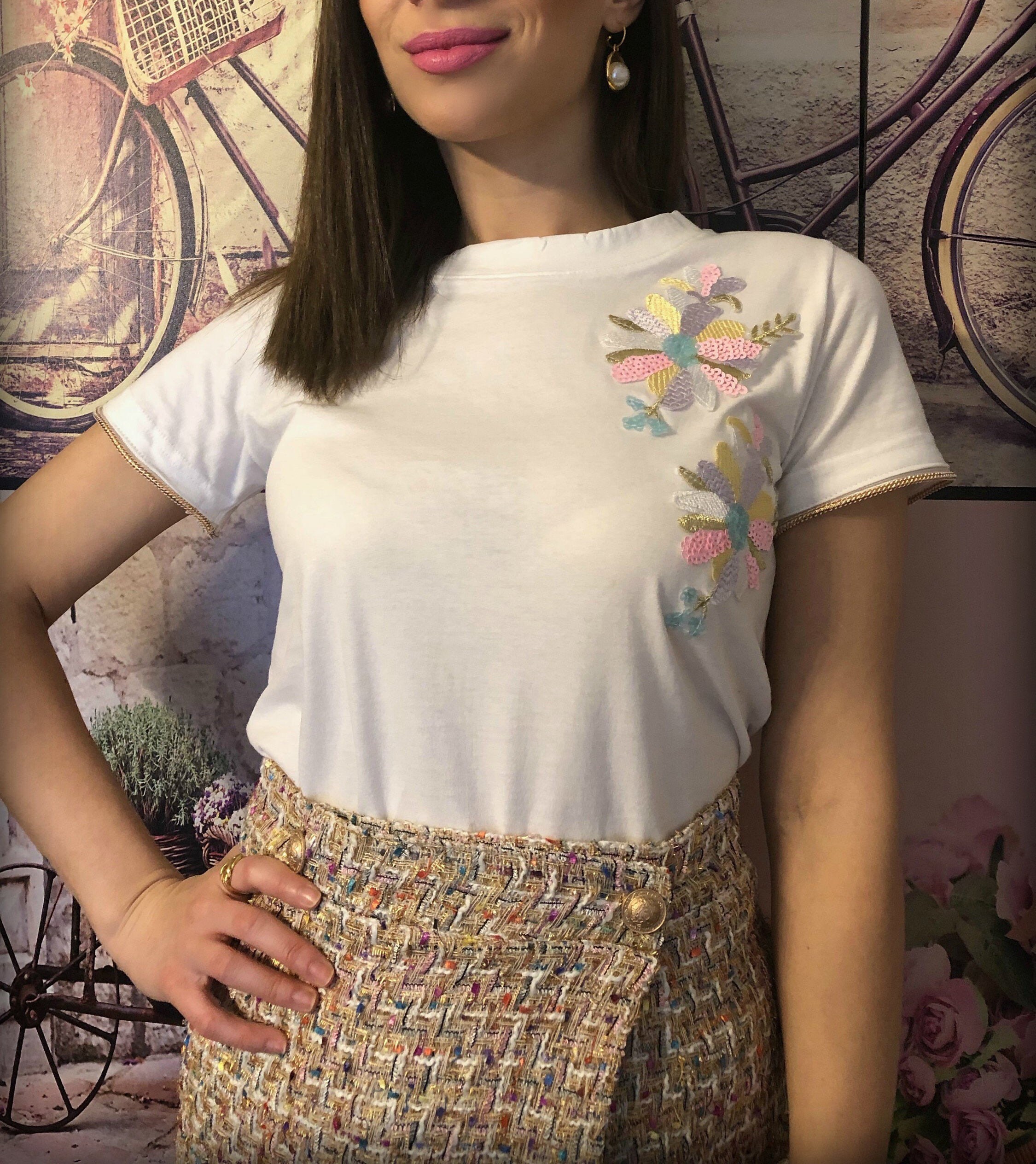 White T-shirt/top With Flower Motif - Etsy