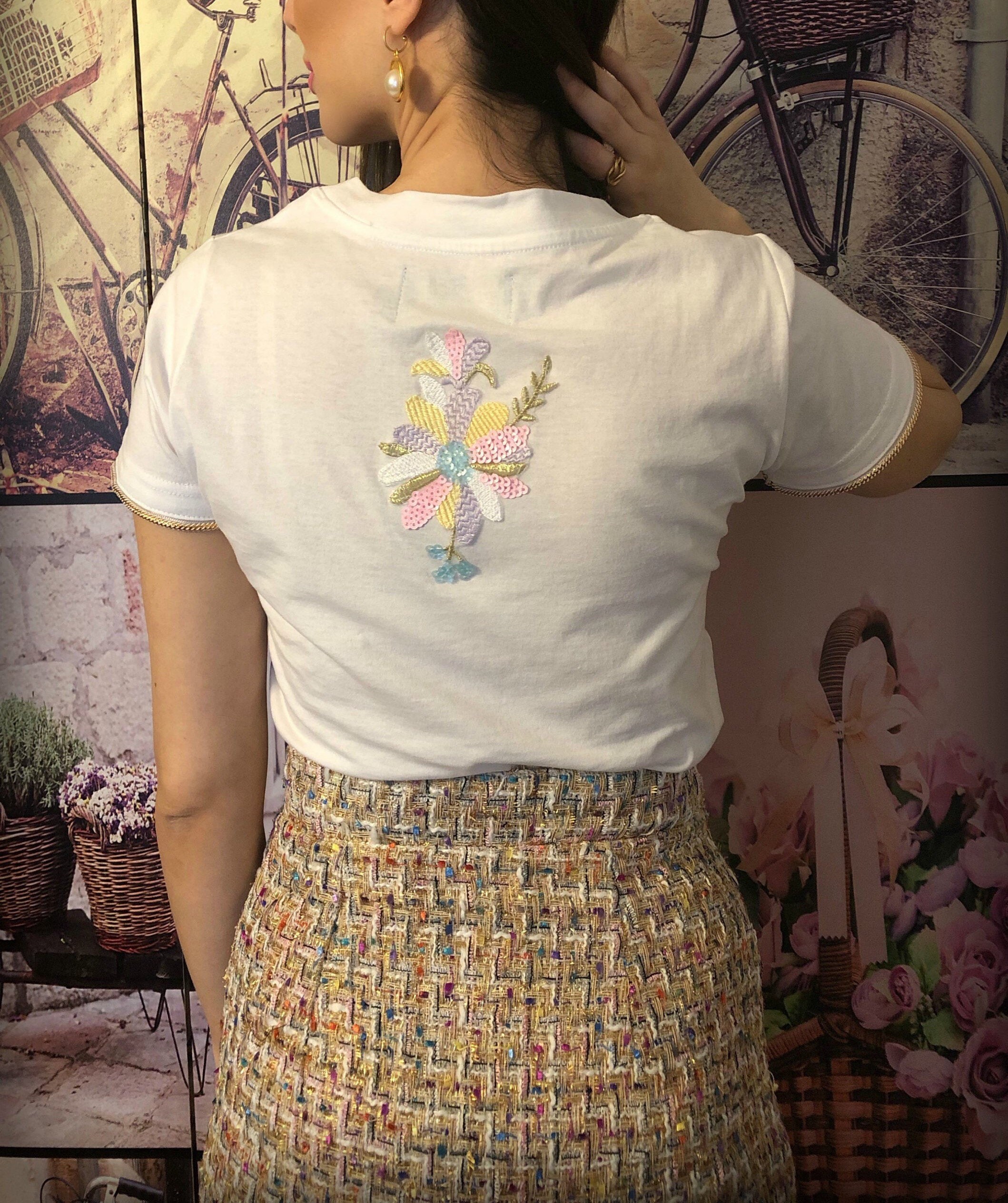 White T-shirt/top With Flower Motif - Etsy