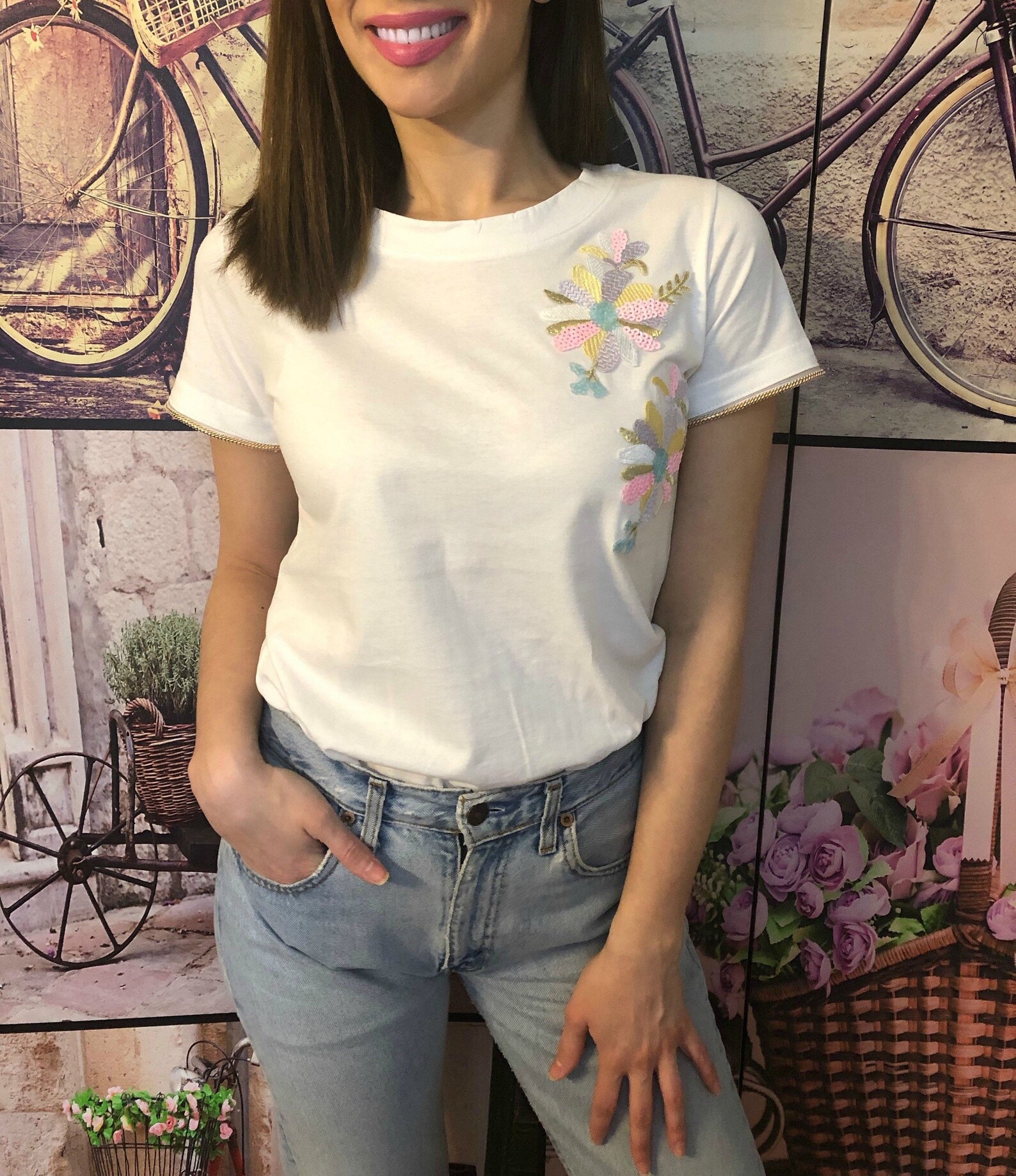 White T-shirt/top With Flower Motif - Etsy