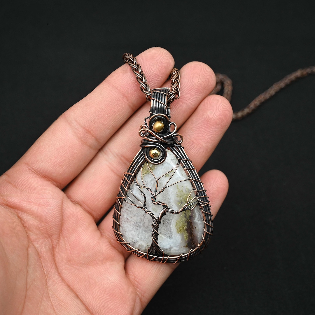 Tree of Life White Agate Gemstone Pendant Copper Wire Wrapped ...