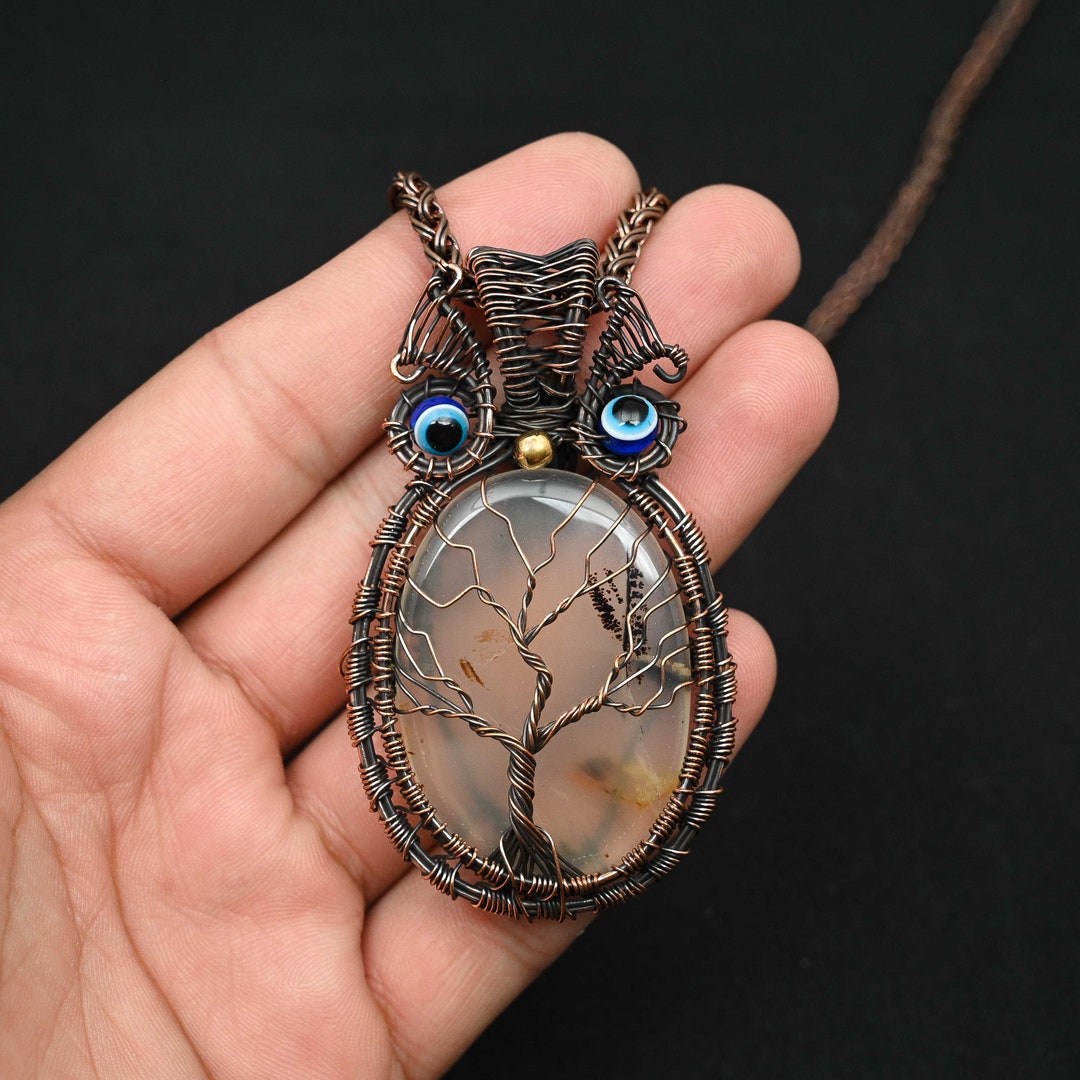 Tree of Life White Agate Gemstone Pendant Copper Wire Wrapped ...