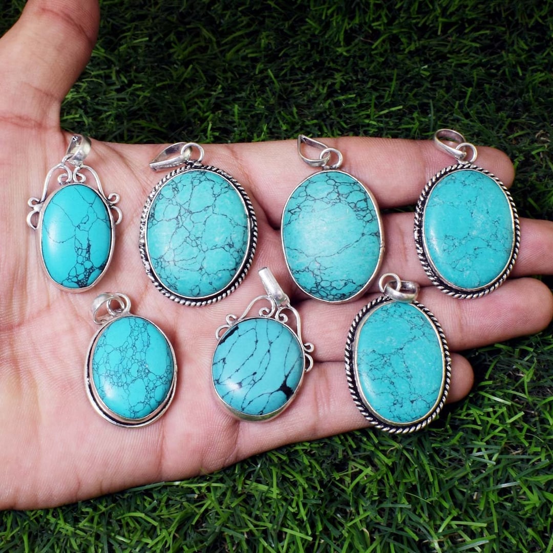 Natural Blue Turquoise Pendant Silver Plated Pendants Necklace Pendants ...