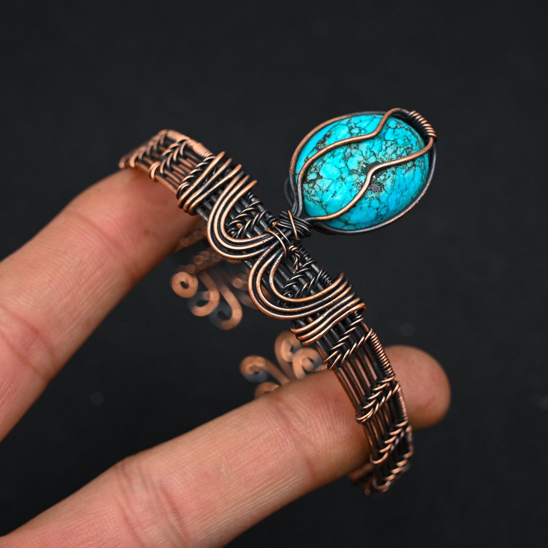 Blue Turquoise Copper Cuff Bracelet Turquoise Bracelet Copper Wire Wrapped Cuff Bracelet Wire ...
