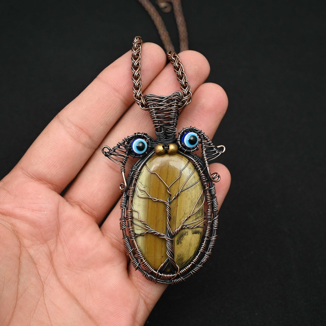 Baum des Lebens Bild Jaspis Edelstein Anhänger Kupfer Draht gewickelt Anhänger Kupfer Eule ...